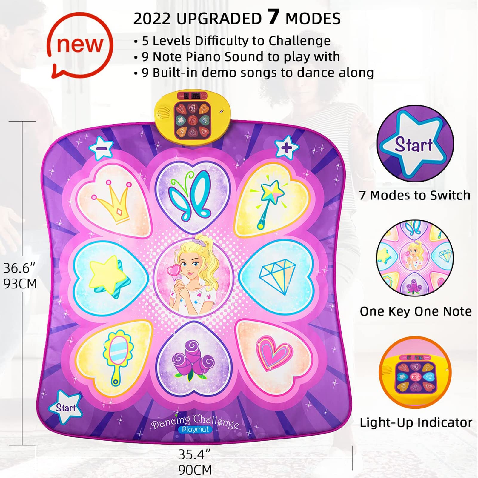 SUNLIN Dance Mat Toys for Girls Ages 3-10 | Dance Pad with LED Lights, Adjustable Volume, 9 Built-in Music, 7 Game Modes, 5 Challenge Levels | Christmas Birthday Gifts for 3 4 5 6 7 8+ Years Old Girl