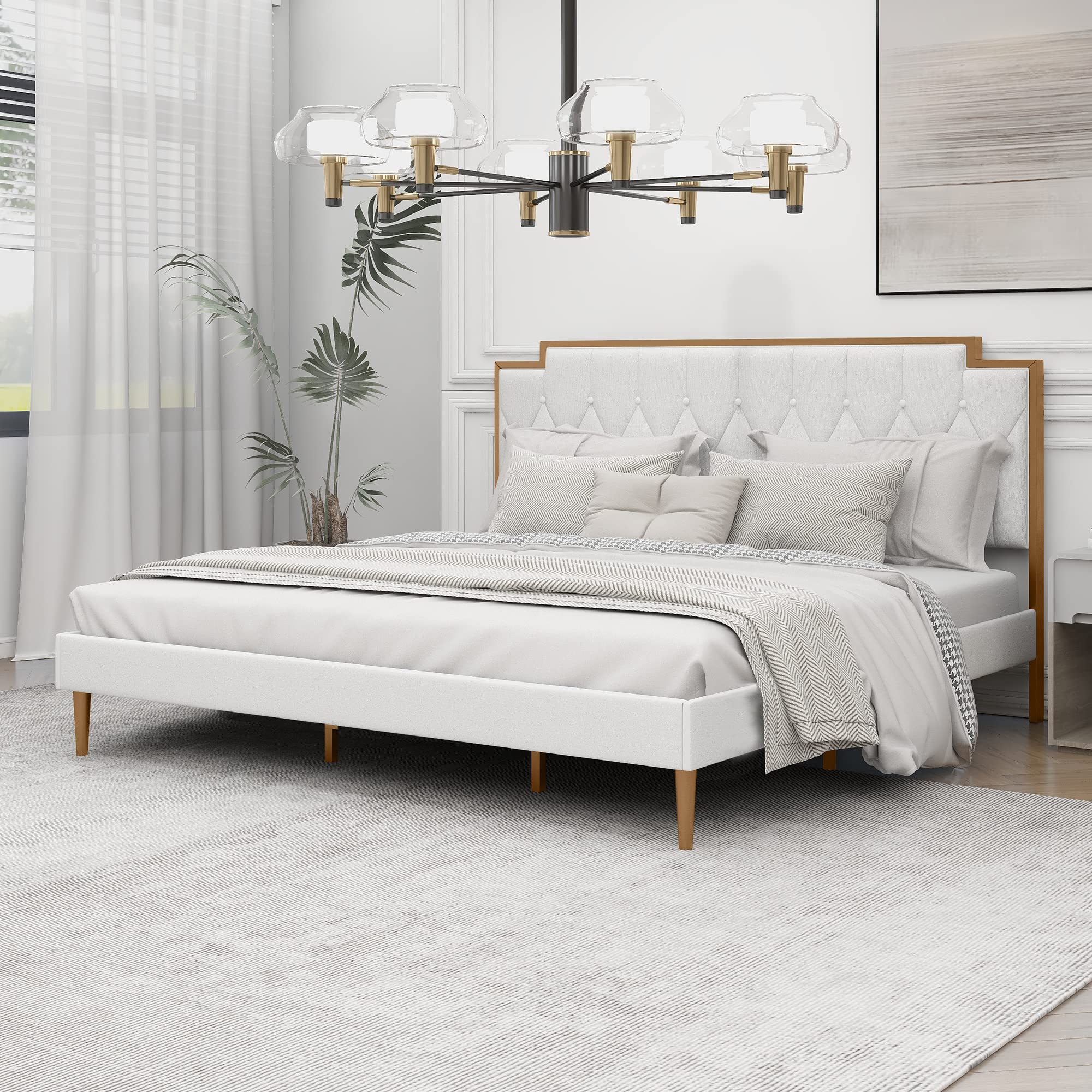 AGARTT Upholstered Platform King Size Bed Frame with Headboard Premium Stable Wood Slat Support No Box Spring Required Cream