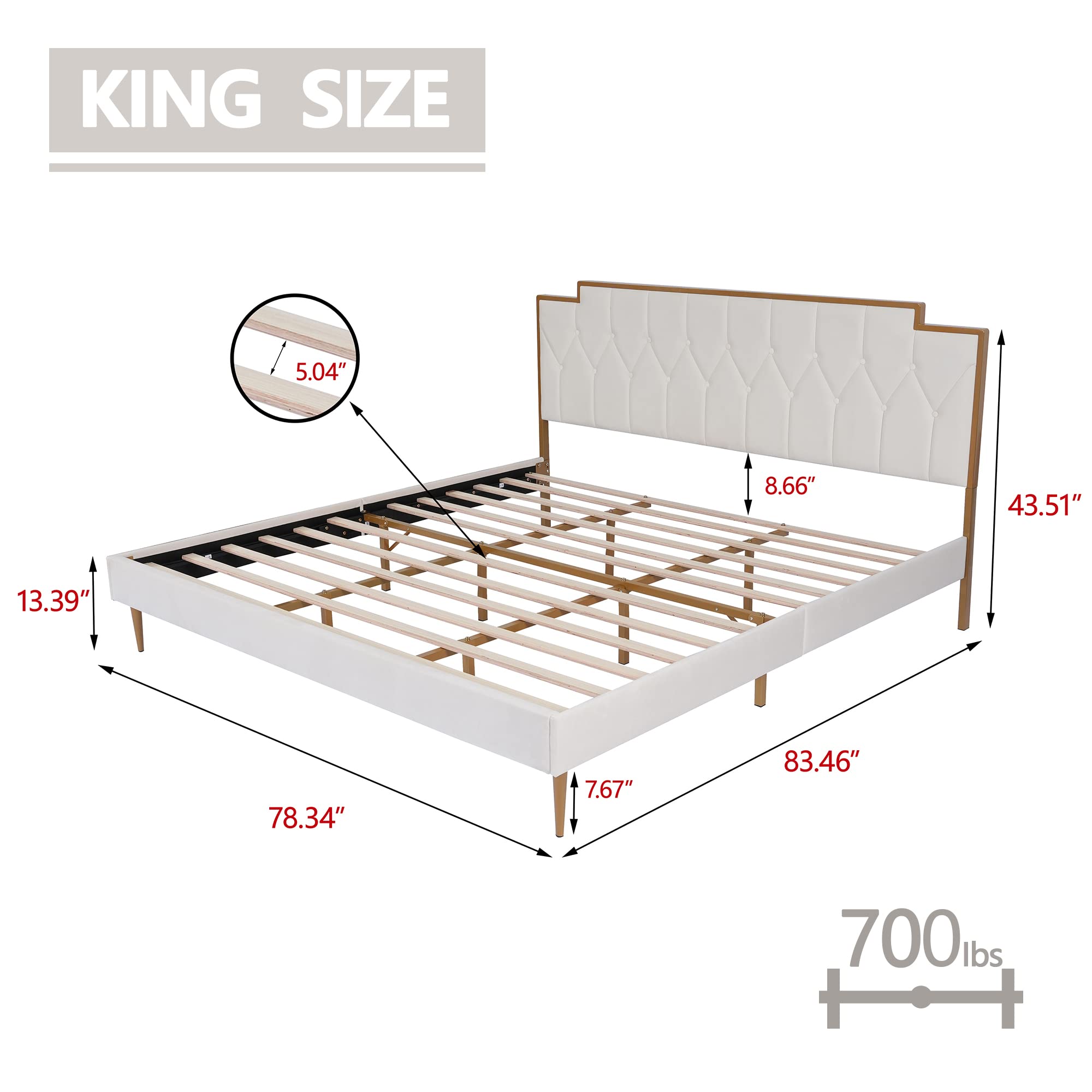 AGARTT Upholstered Platform King Size Bed Frame with Headboard Premium Stable Wood Slat Support No Box Spring Required Cream