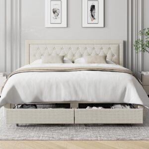 keyluv king bed frame with 2 storage drawers and adjustable headboard, high-end fabric platform bed with button tufted, wooden slats no box spring needed/easy assembly, beige