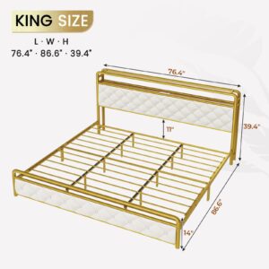 ADORNEVE King LED Bed Frame with Storage Headboard,Upholstered King Size Platform Bed Frame with Power Outlets & USB Ports,Velvet Tufted Headboard & Footboard,Noise-Free,Creamy White & Gold