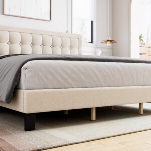 Senfot King Size Bed Frame, Linen Upholstered Platform Bed Frame with Adjustable Headboard and Strong Wooden Slats, Non-Slip and Noise-Free, No Box Spring Needed, Easy Assembly, Off White