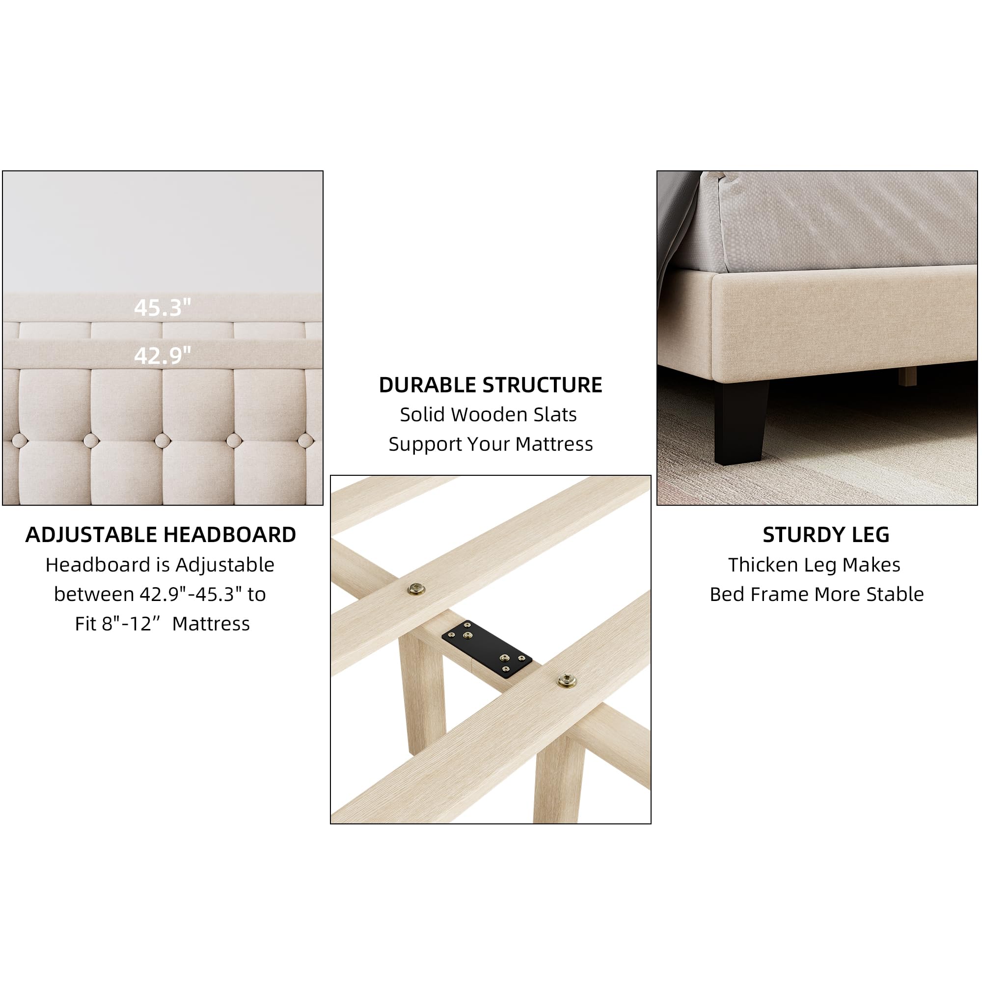 Senfot King Size Bed Frame, Linen Upholstered Platform Bed Frame with Adjustable Headboard and Strong Wooden Slats, Non-Slip and Noise-Free, No Box Spring Needed, Easy Assembly, Off White