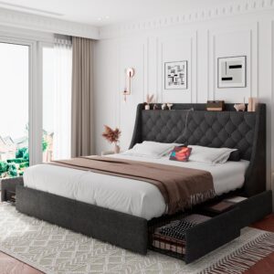 ipormis king size bed frame with 4 storage drawers, upholstered platform bed frame with type-c & usb ports, wingback storage headboard, solid wood slats, no box spring needed, dark gray