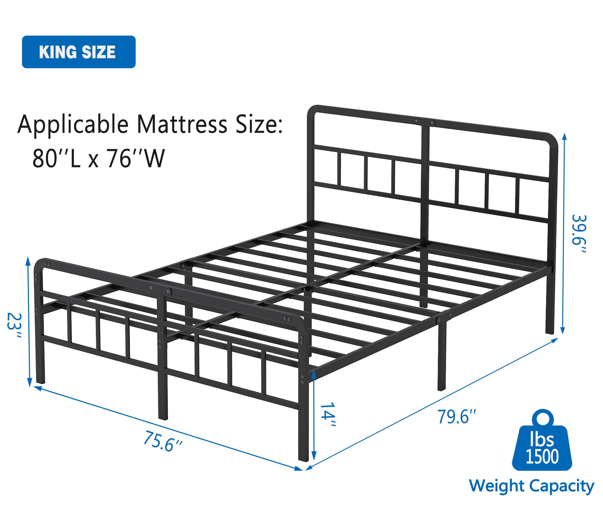 HOBINCHE King Size Metal Bed Frame with Headboard and Footboard, 14 Inch Black Heavy Duty Mattress Foundation with Steel Slat Support, No Box Spring Needed, Noise Free