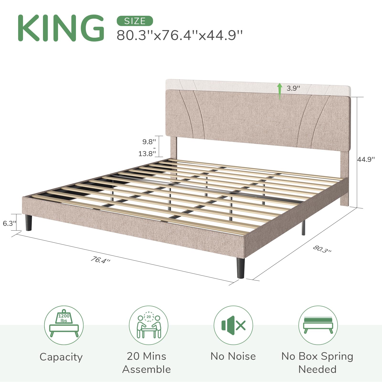 Novilla King Bed Frame and Headboard Platform Bed Frame No Box Spring Needed with Wood Slat Support, Upholstered Bed Frame King, Noise Free, Easy Assembly, Beige