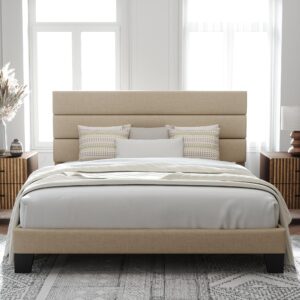 allewie king size platform bed frame with fabric upholstered headboard and wooden slats support, fully upholstered mattress foundation/no box spring needed/easy assembly, beige