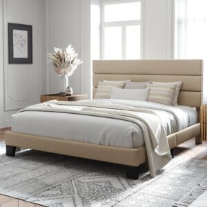 Allewie King Size Platform Bed Frame with Fabric Upholstered Headboard and Wooden Slats Support, Fully Upholstered Mattress Foundation/No Box Spring Needed/Easy Assembly, Beige