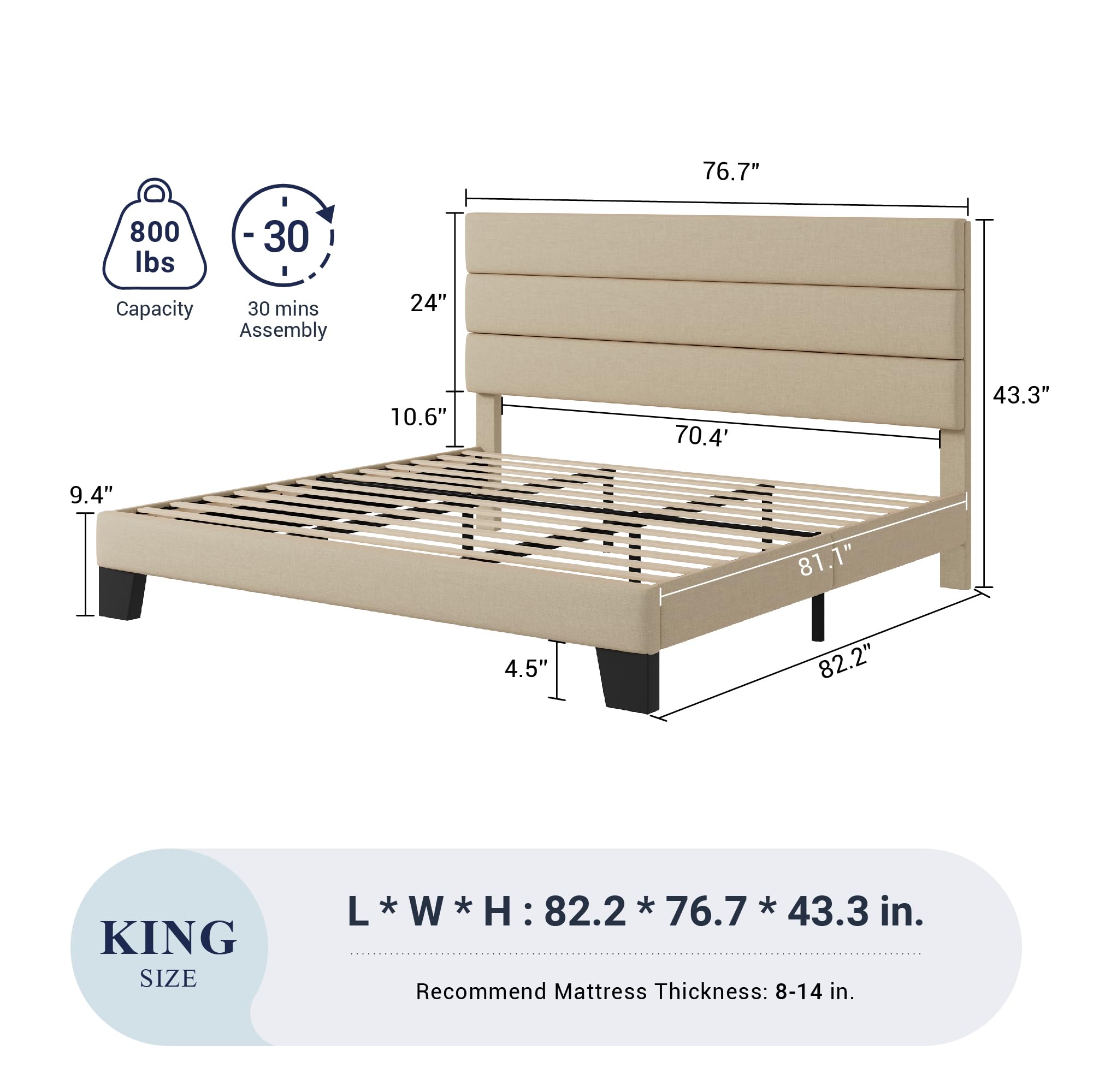 Allewie King Size Platform Bed Frame with Fabric Upholstered Headboard and Wooden Slats Support, Fully Upholstered Mattress Foundation/No Box Spring Needed/Easy Assembly, Beige