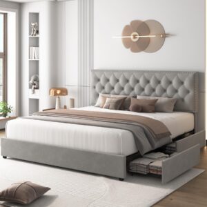 hostack king size bed frame with 4 storage drawers, modern upholstered platform bed with adjustable headboard,button tufted bed frame with wood slat support,no box spring needed(grey, king)