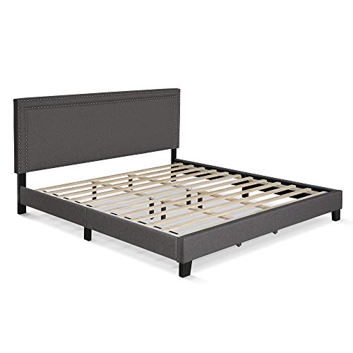 Furinno Laval Double Row Nail Head Upholstered Platform Bed Frame, King, Stone