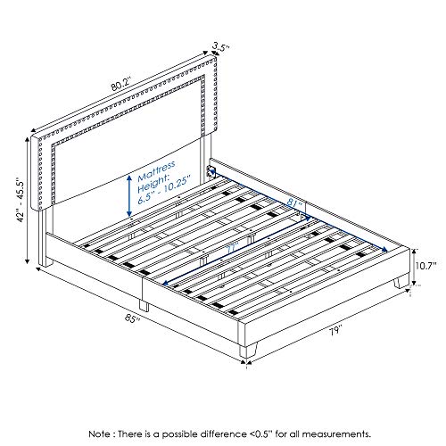 Furinno Laval Double Row Nail Head Upholstered Platform Bed Frame, King, Stone