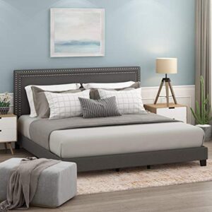 Furinno Laval Double Row Nail Head Upholstered Platform Bed Frame, King, Stone