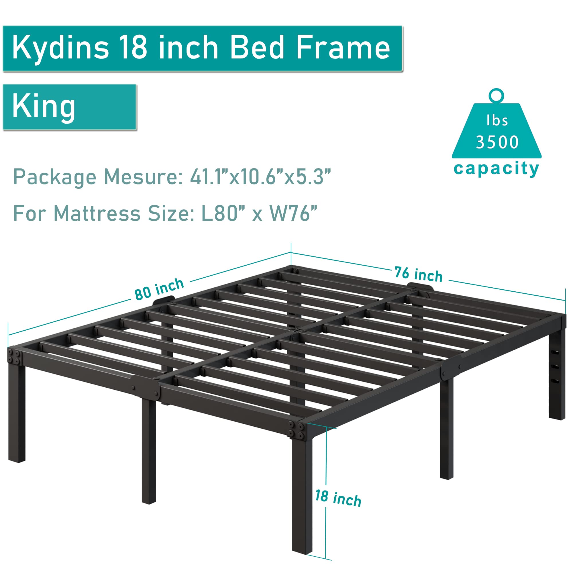 Kydins King Size Bed Frame Platform 18 Inch with Storage No Box Spring Needed Metal Black Heavy duty Non Slip Mattress Fundation Support 3500 lbs Headboard Compatible Easy Assembly