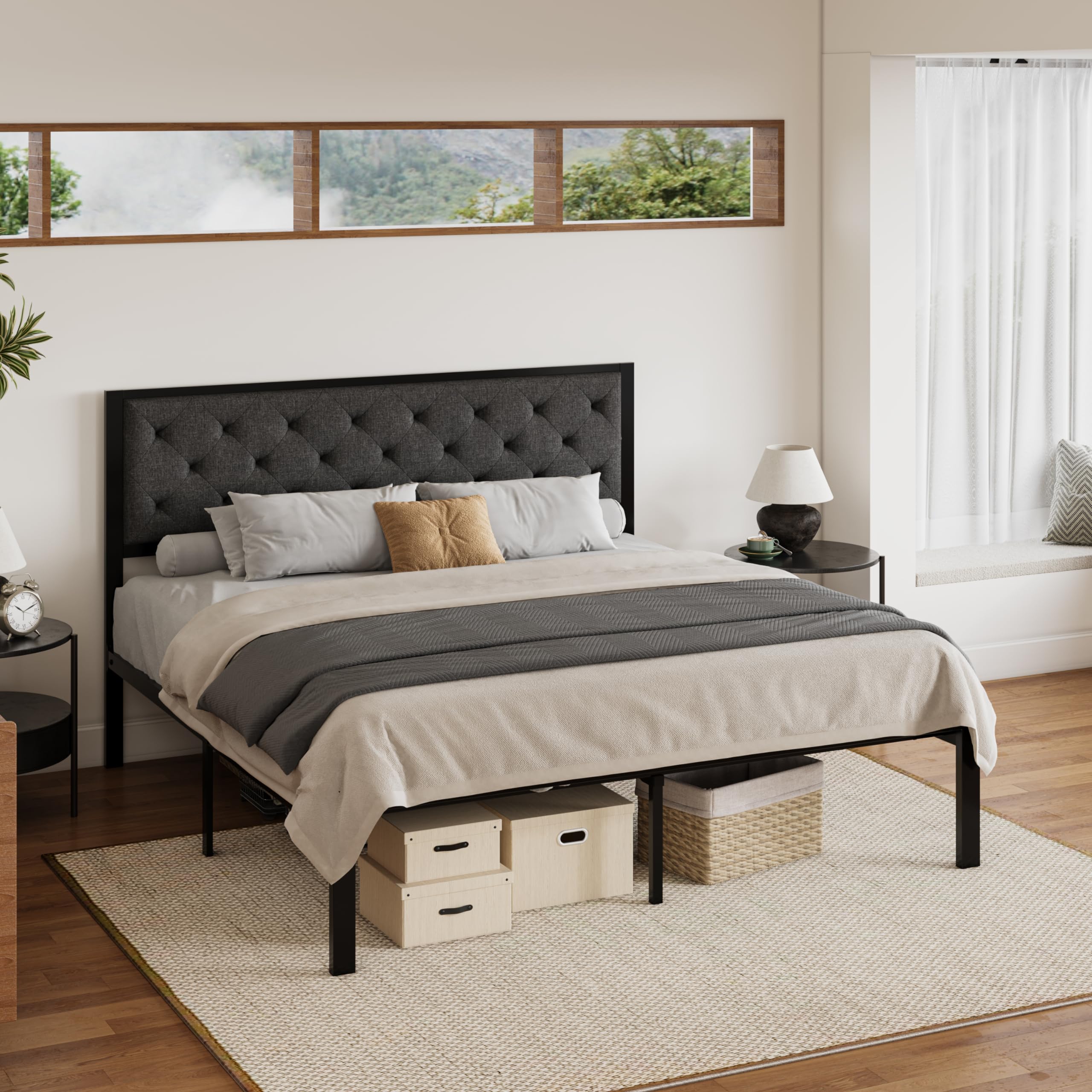 SHA CERLIN King Size Metal Platform Bed Frame with Linen Fabric Upholstered Button Tufted Headboard, Mattress Foundation with 12.4” Storage, No Box Spring Needed, Easy Assembly, Dark Grey