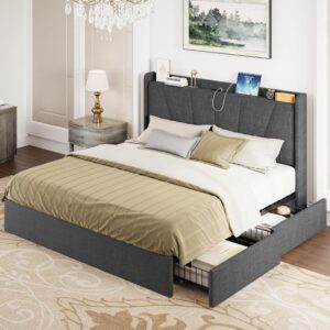 likimio king bed frame and upholstered headboard, platform bed with storage drawers and outlets, sturdy, noiseless, no box spring needed, easy assembly, dark gray