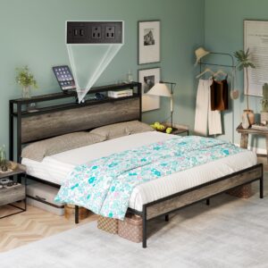 luxoak king size bed frame, platform bed frame with 2-tier storage headboard and charging station/no box spring needed/noise free/industrial/rustic grey