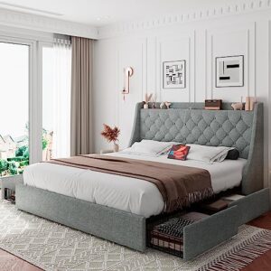 ipormis king size bed frame with 4 storage drawers, upholstered platform bed frame with type-c & usb ports, wingback storage headboard, solid wood slats, no box spring needed, light gray