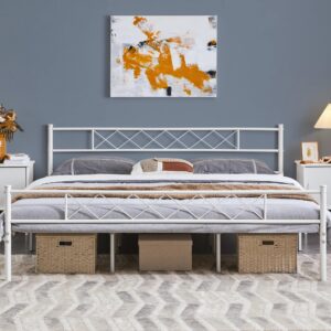 yaheetech metal platform king bed frame mattress foundation with headboard and footboard no box spring needed under bed storage steel slats white