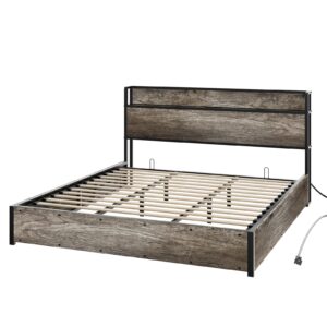 AMERLIFE King Size Lift Up Storage Bed Frame, Wooden Platform Bed Frame with Lifting Storage & Charging Station, No Spring Box Needed/Noise Free, Rustic Grey