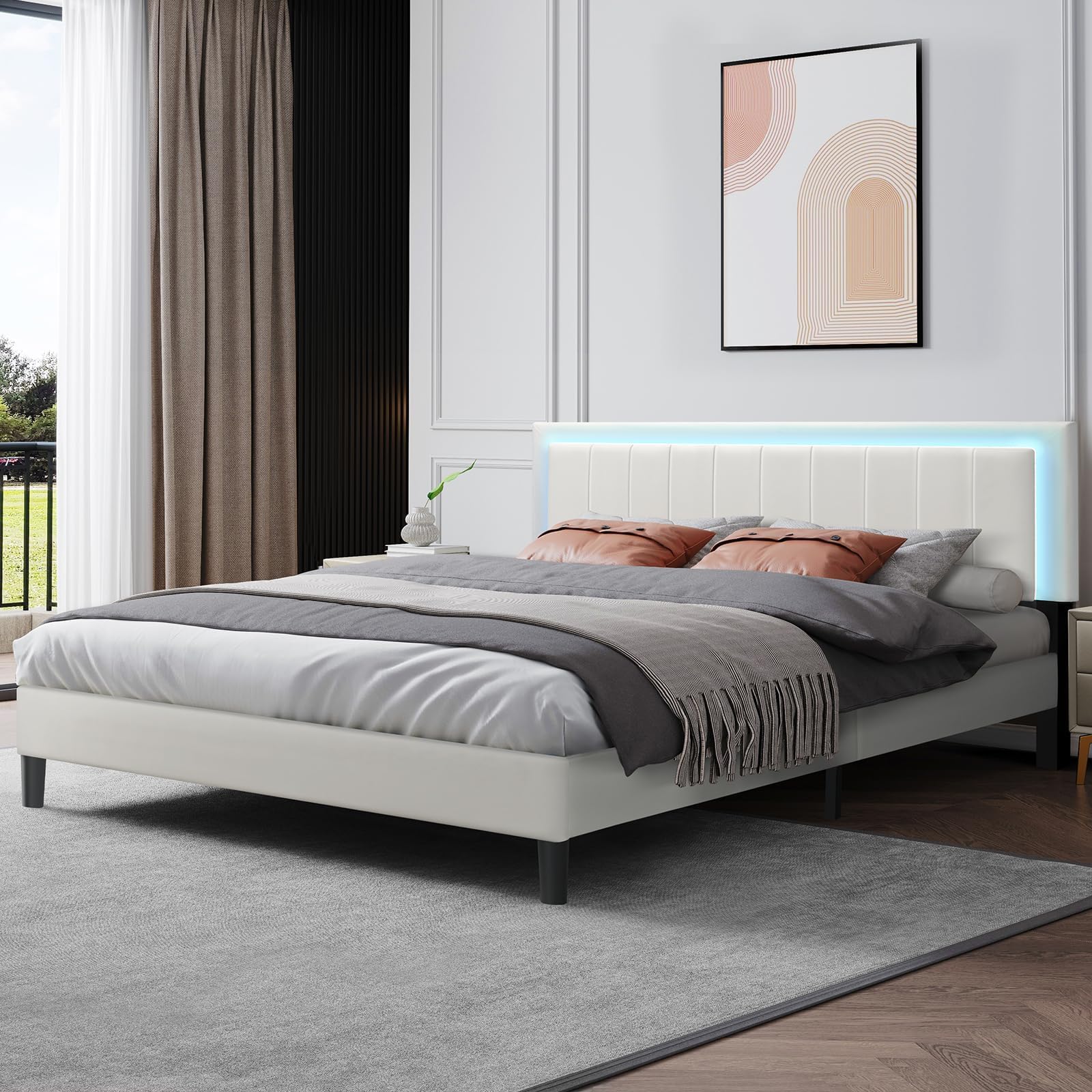 Catrimown King Size Platform Bed Frame with LED Lights, Upholstered Bed Frame King with Headboard, Mattress Foundation with Wooden Slat Support, No Box Spring Needed, Easy Assembly, White