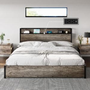 AMERLIFE King Size Lift Up Storage Bed Frame, Wooden Platform Bed Frame with Lifting Storage & Charging Station, No Spring Box Needed/Noise Free, Rustic Grey