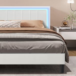 Catrimown King Size Platform Bed Frame with LED Lights, Upholstered Bed Frame King with Headboard, Mattress Foundation with Wooden Slat Support, No Box Spring Needed, Easy Assembly, White