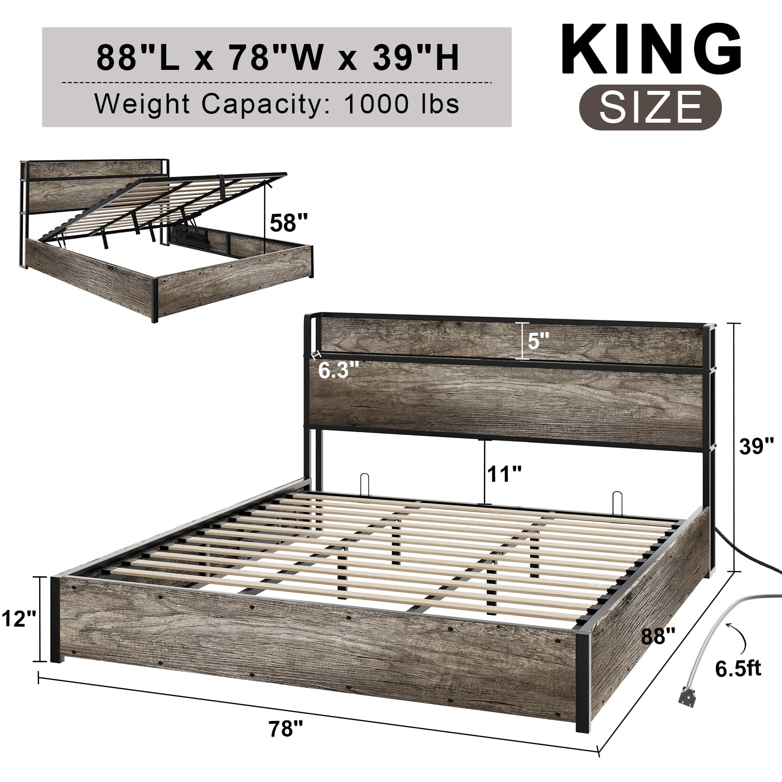 AMERLIFE King Size Lift Up Storage Bed Frame, Wooden Platform Bed Frame with Lifting Storage & Charging Station, No Spring Box Needed/Noise Free, Rustic Grey