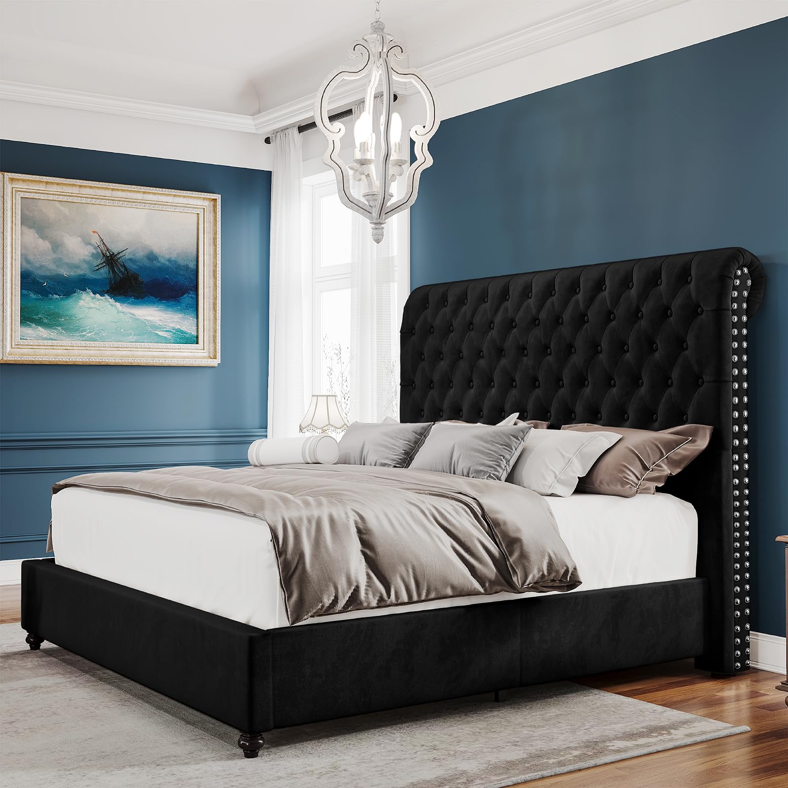 PaPaJet King Bed Frame Upholstered Platform Bed Frame with 52.8'' Tall Sleigh Headboard, Button Tufted, No Box Spring Needed, Easy Assembly, Black