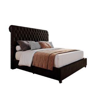 PaPaJet King Bed Frame Upholstered Platform Bed Frame with 52.8'' Tall Sleigh Headboard, Button Tufted, No Box Spring Needed, Easy Assembly, Black