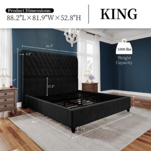 PaPaJet King Bed Frame Upholstered Platform Bed Frame with 52.8'' Tall Sleigh Headboard, Button Tufted, No Box Spring Needed, Easy Assembly, Black