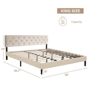 Catrimown King Size Upholstered Bed Frame with Button-Tufted Headboard, Linen Platform Bed with Wooden Slat Support, Mattress Foundation, Noise-Free Design, Easy Assembly - Beige