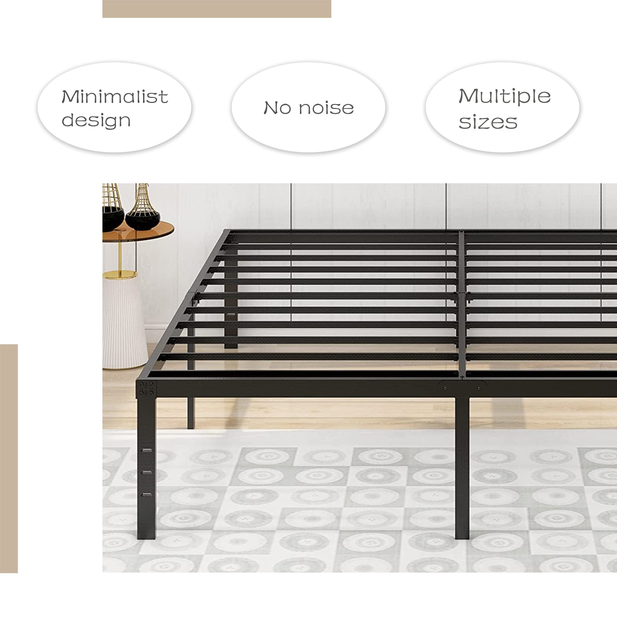 alazyhome 18 Inch Metal King Size Bed Frame Heavy Duty Platform Noise Free Steel Slat Support Easy Assembly Noise Free No Box Spring Required Black