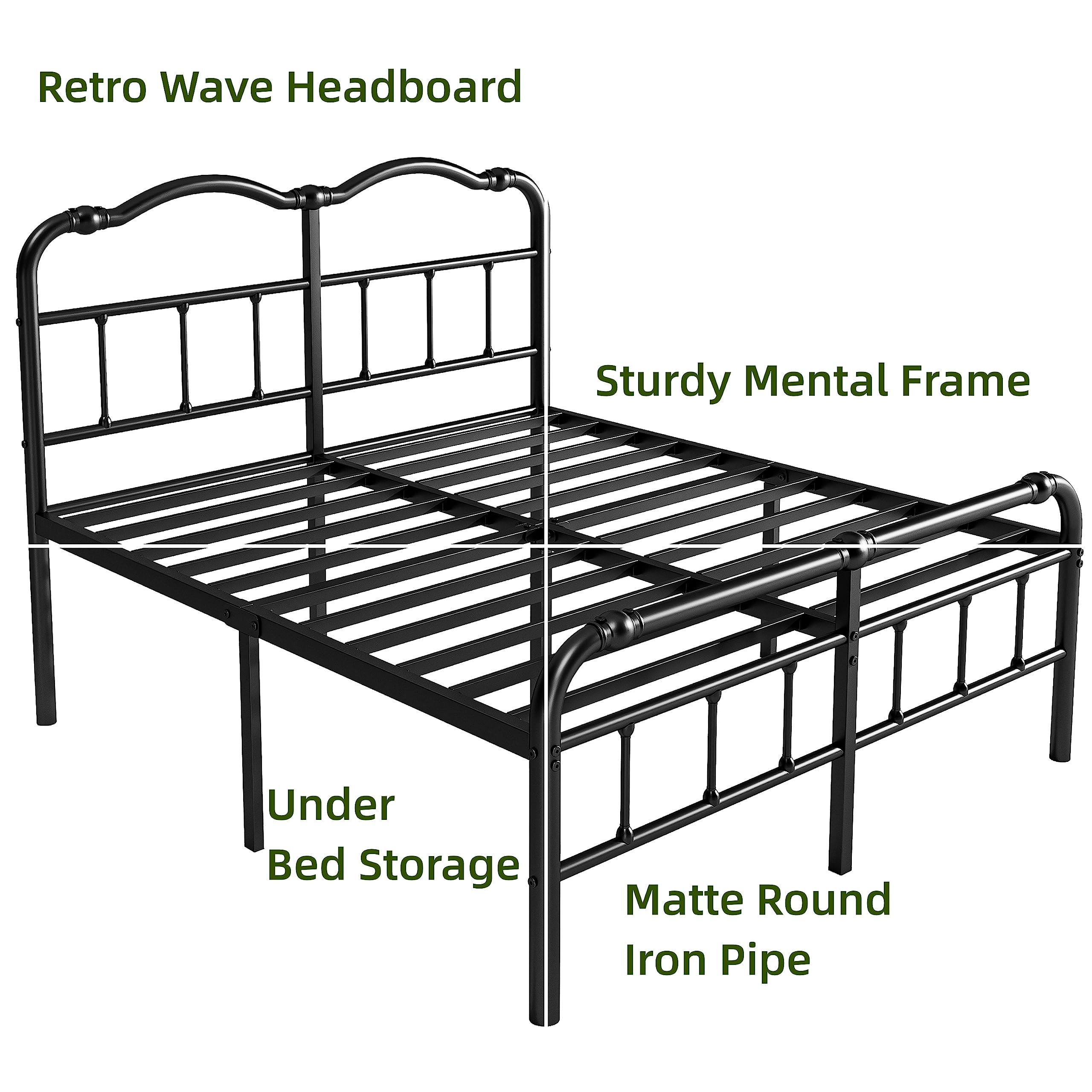 RLDVYA King Bed Frame and Headboard with Footboard, 18 Inch High, Heavy Duty King Size Bed Frame and Headboard, No Box Spring Needed, Under Bed Storage, Easy Assembly, Noise-Free, Black