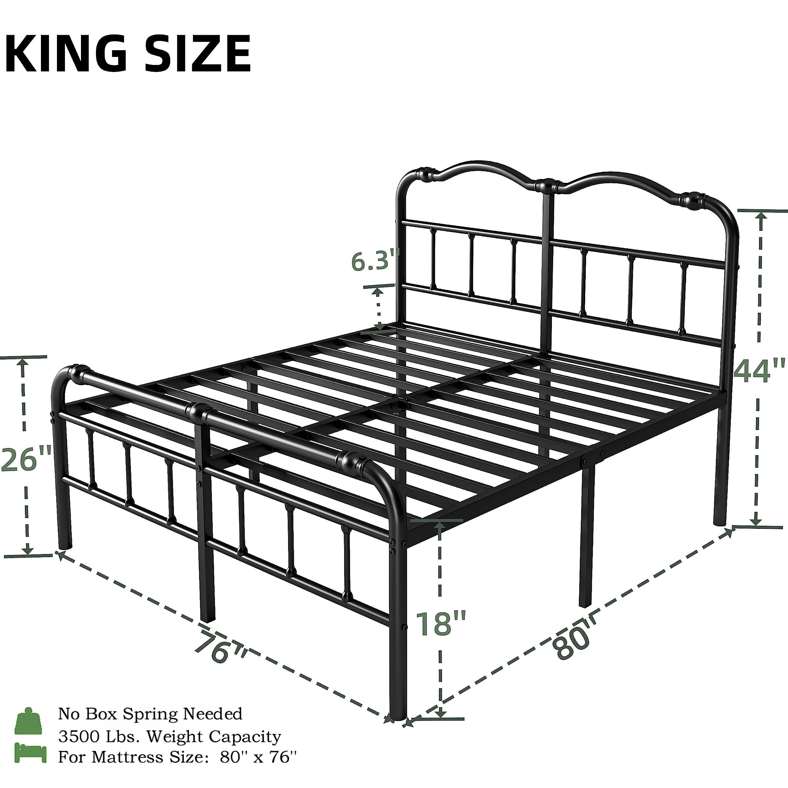 RLDVYA King Bed Frame and Headboard with Footboard, 18 Inch High, Heavy Duty King Size Bed Frame and Headboard, No Box Spring Needed, Under Bed Storage, Easy Assembly, Noise-Free, Black