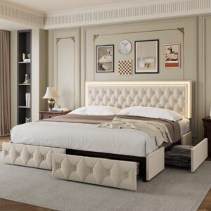 keyluv king upholstered led bed frame with 4 drawers, velvet platform storage bed with adjustable button tufted headboard and solid wooden slats support, no box spring needed, beige