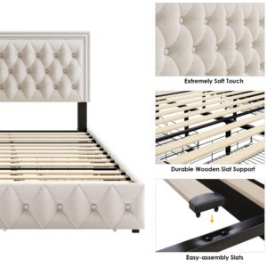 Keyluv King Upholstered LED Bed Frame with 4 Drawers, Velvet Platform Storage Bed with Adjustable Button Tufted Headboard and Solid Wooden Slats Support, No Box Spring Needed, Beige