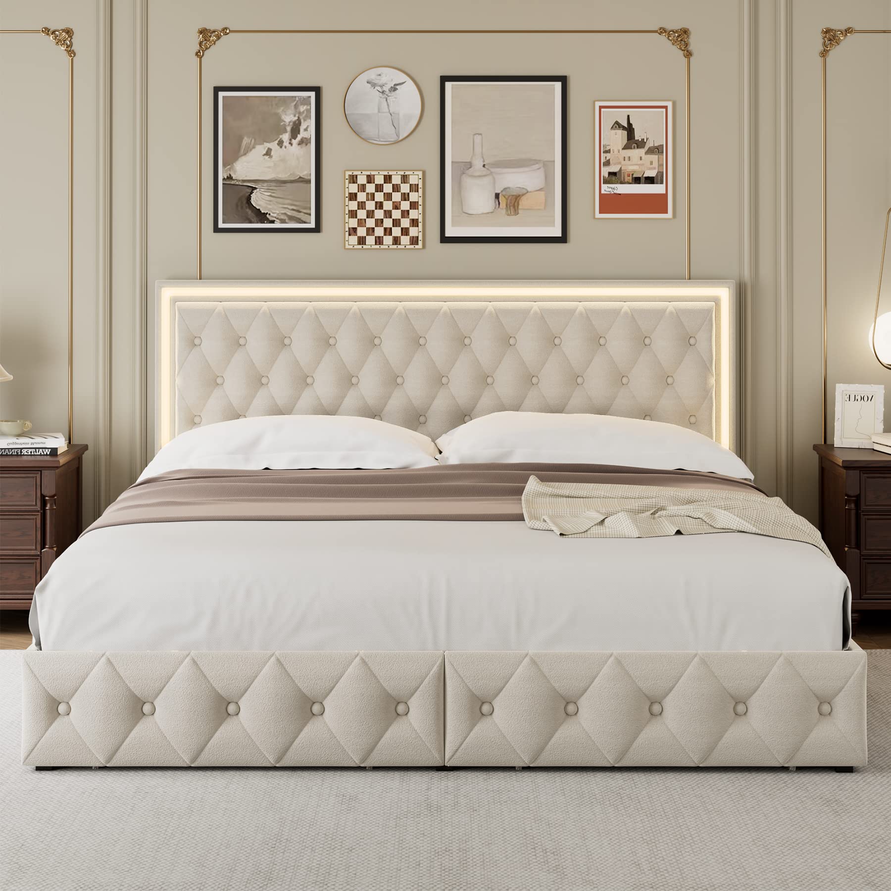 Keyluv King Upholstered LED Bed Frame with 4 Drawers, Velvet Platform Storage Bed with Adjustable Button Tufted Headboard and Solid Wooden Slats Support, No Box Spring Needed, Beige