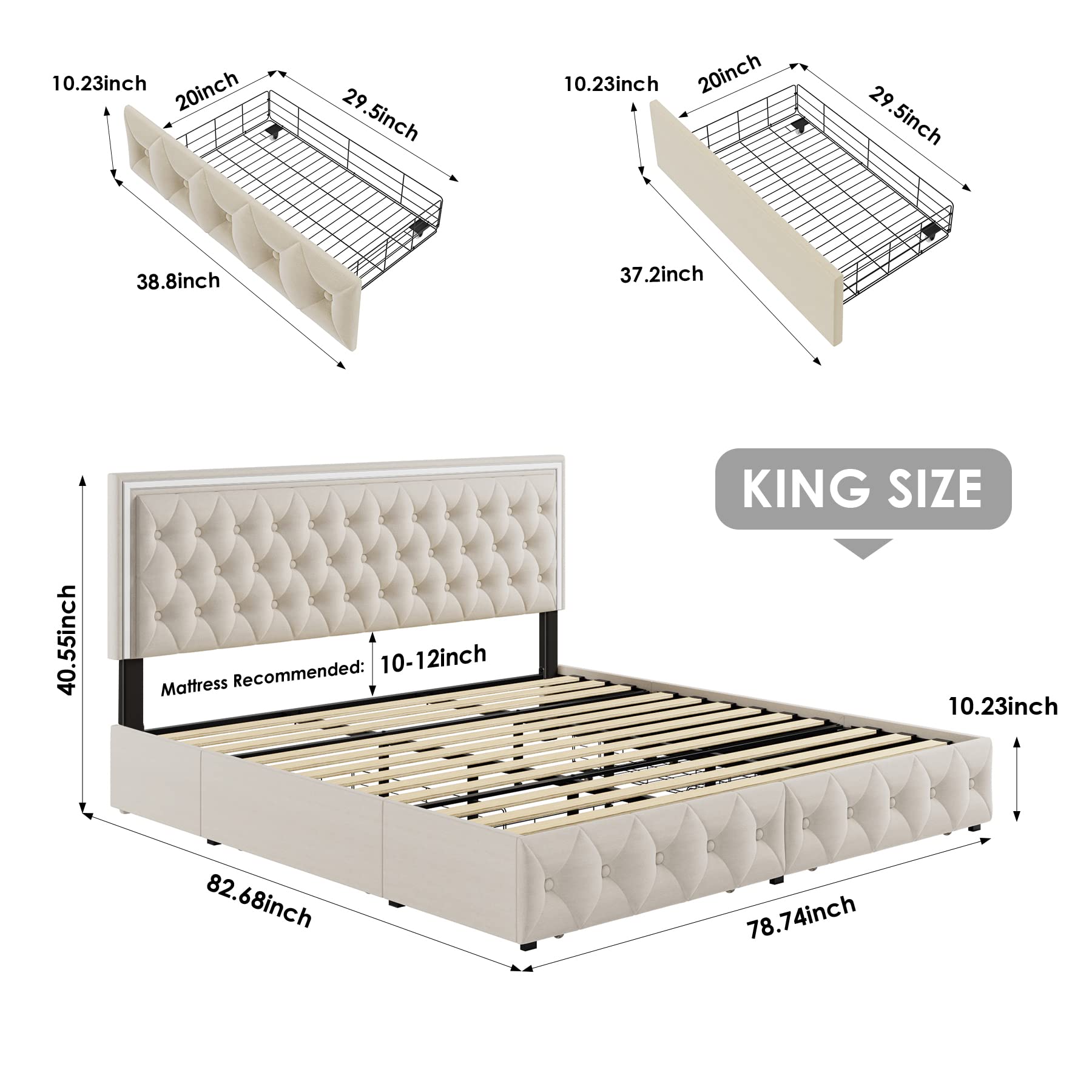 Keyluv King Upholstered LED Bed Frame with 4 Drawers, Velvet Platform Storage Bed with Adjustable Button Tufted Headboard and Solid Wooden Slats Support, No Box Spring Needed, Beige