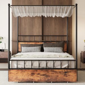 likimio canopy bed frame queen with wooden headboard and drawer, queen size bed frame with 4 removable sturdy posts, noise free, no box spring needed, rustic brown