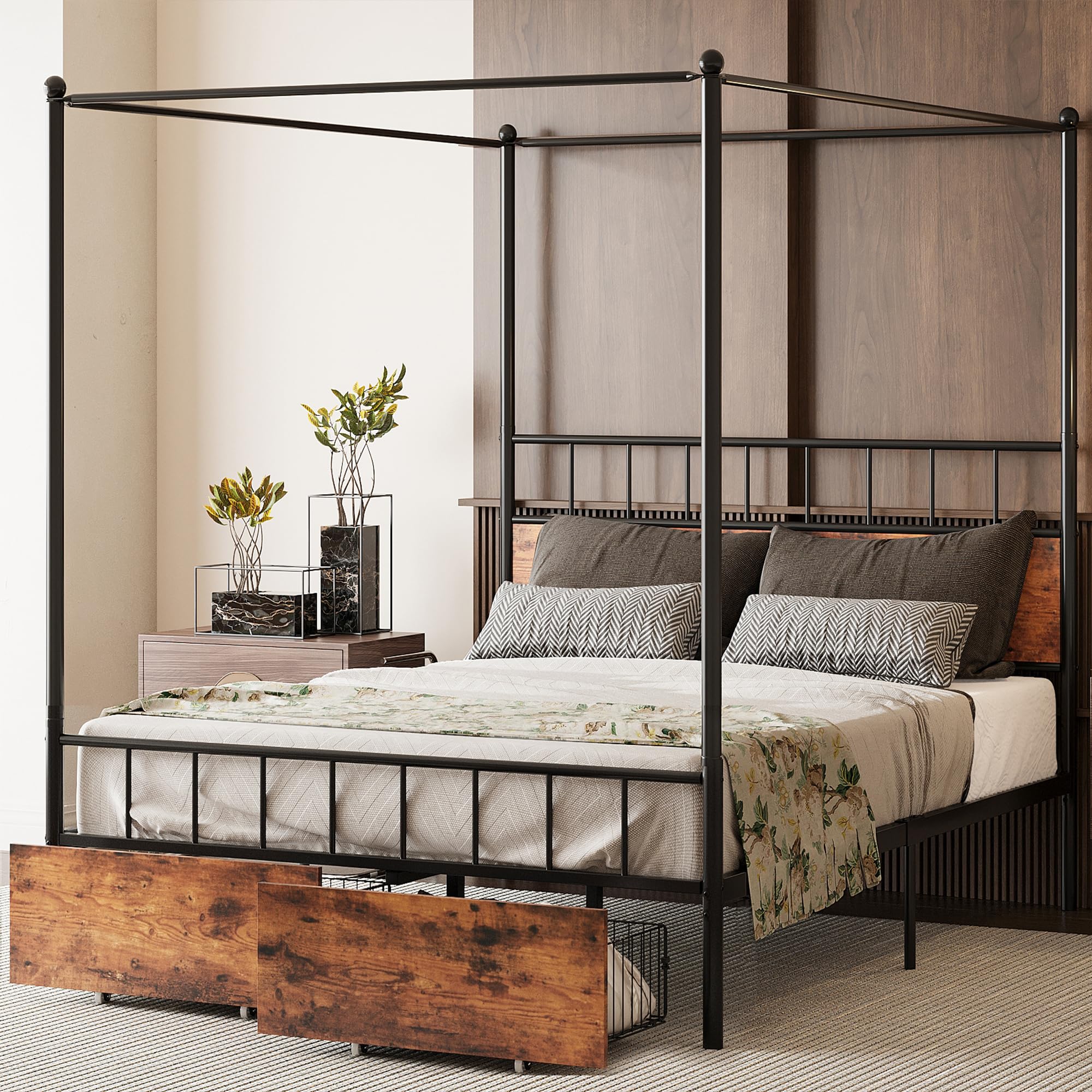 LIKIMIO Canopy Bed Frame Queen with Wooden Headboard and Drawer, Queen Size Bed Frame with 4 Removable Sturdy Posts, Noise Free, No Box Spring Needed, Rustic Brown