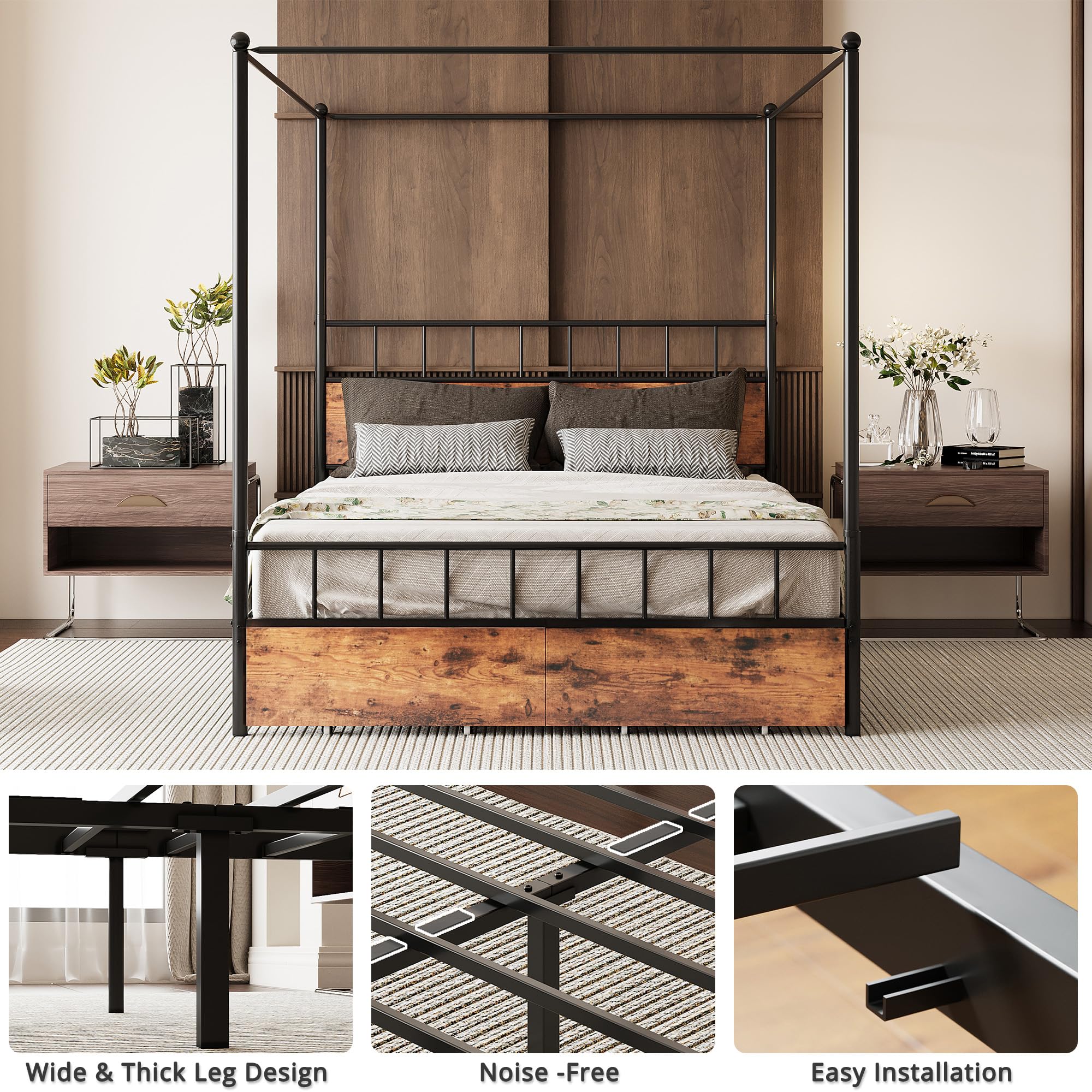 LIKIMIO Canopy Bed Frame Queen with Wooden Headboard and Drawer, Queen Size Bed Frame with 4 Removable Sturdy Posts, Noise Free, No Box Spring Needed, Rustic Brown