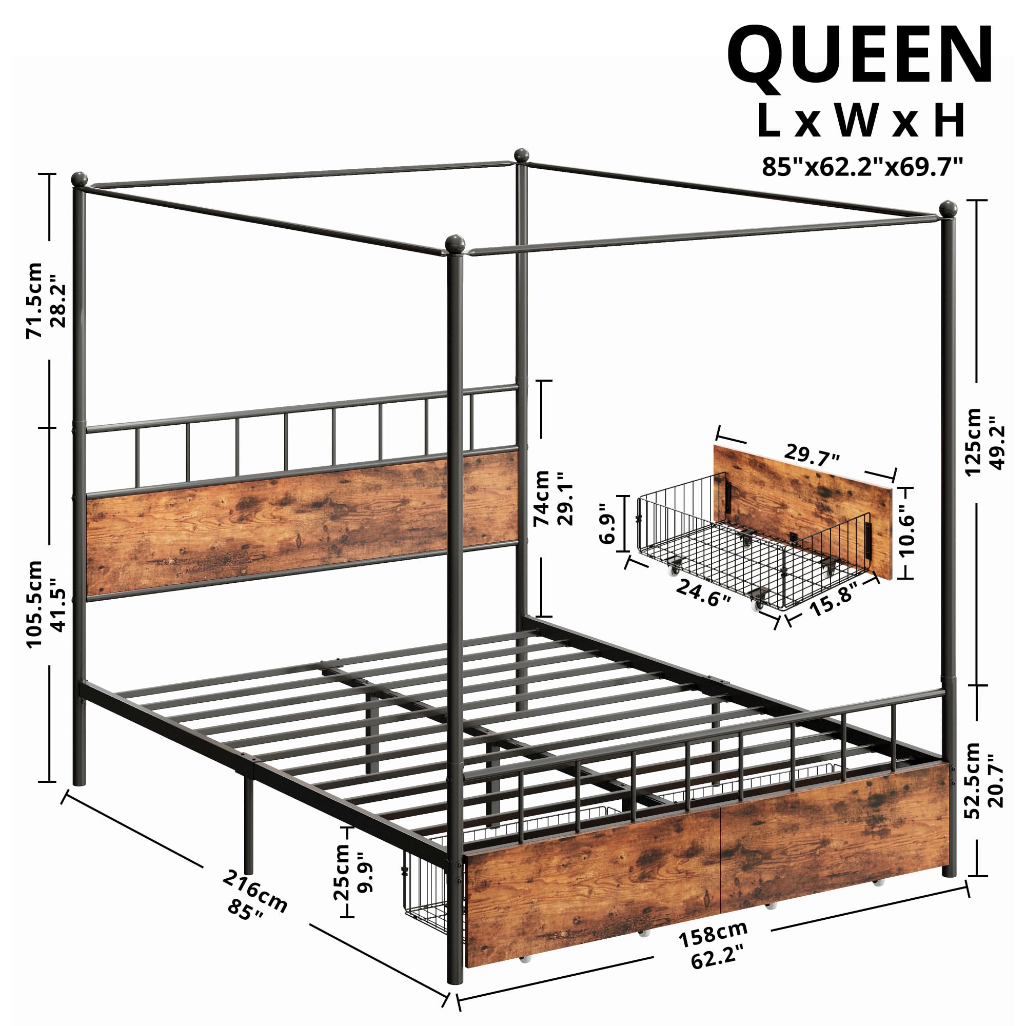 LIKIMIO Canopy Bed Frame Queen with Wooden Headboard and Drawer, Queen Size Bed Frame with 4 Removable Sturdy Posts, Noise Free, No Box Spring Needed, Rustic Brown