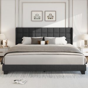 weeway king size wingback upholstered platform bed frame with box-tufted stitched headboard and wooden slats/no box spring needed/easy assembly, dark grey