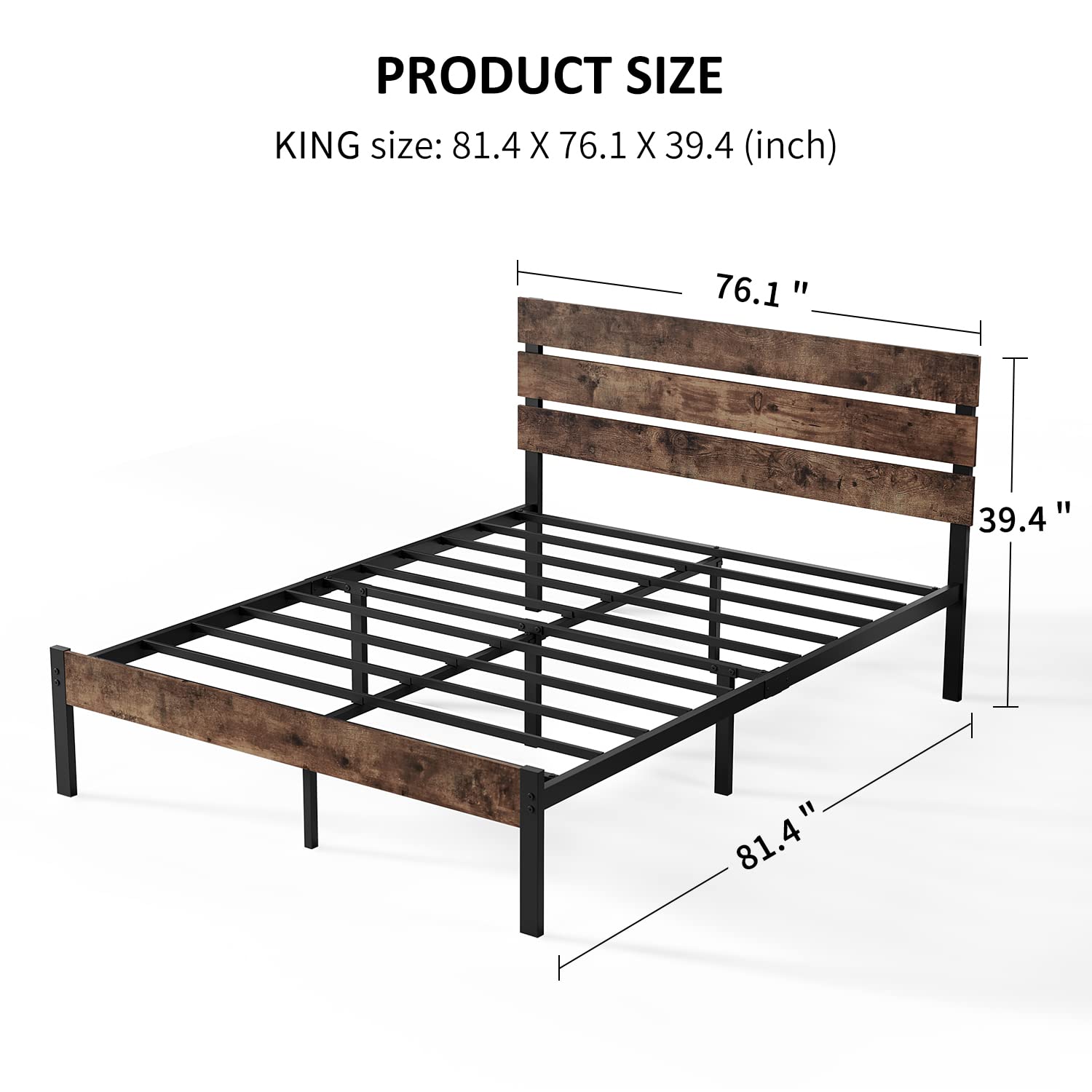 TXIYEAN King Size Bed Frame with Wooden Headboard/Heavy Duty Metal Slats Support/No Box Spring Needed/Noise Free/Easy Assembly/Twin XL/Queen/King, King