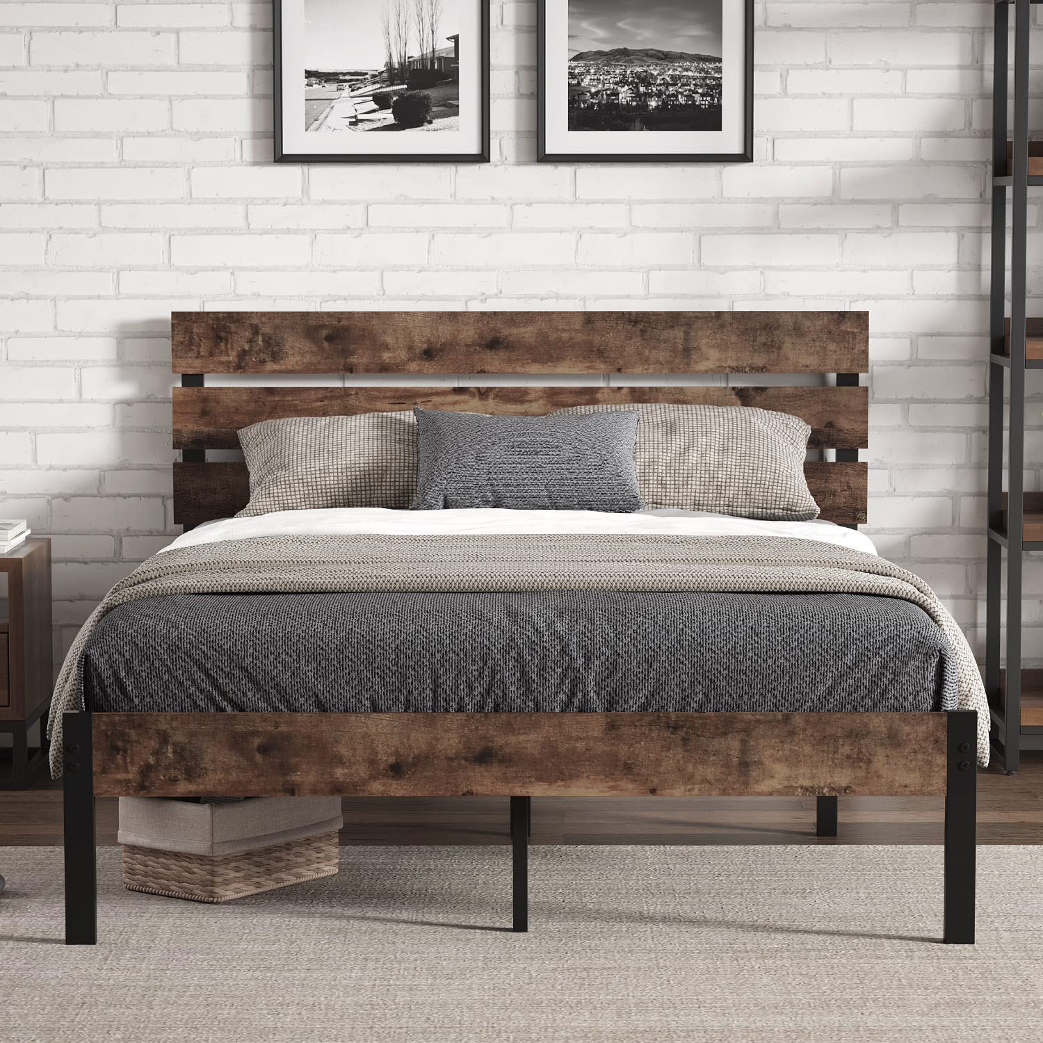 TXIYEAN King Size Bed Frame with Wooden Headboard/Heavy Duty Metal Slats Support/No Box Spring Needed/Noise Free/Easy Assembly/Twin XL/Queen/King, King