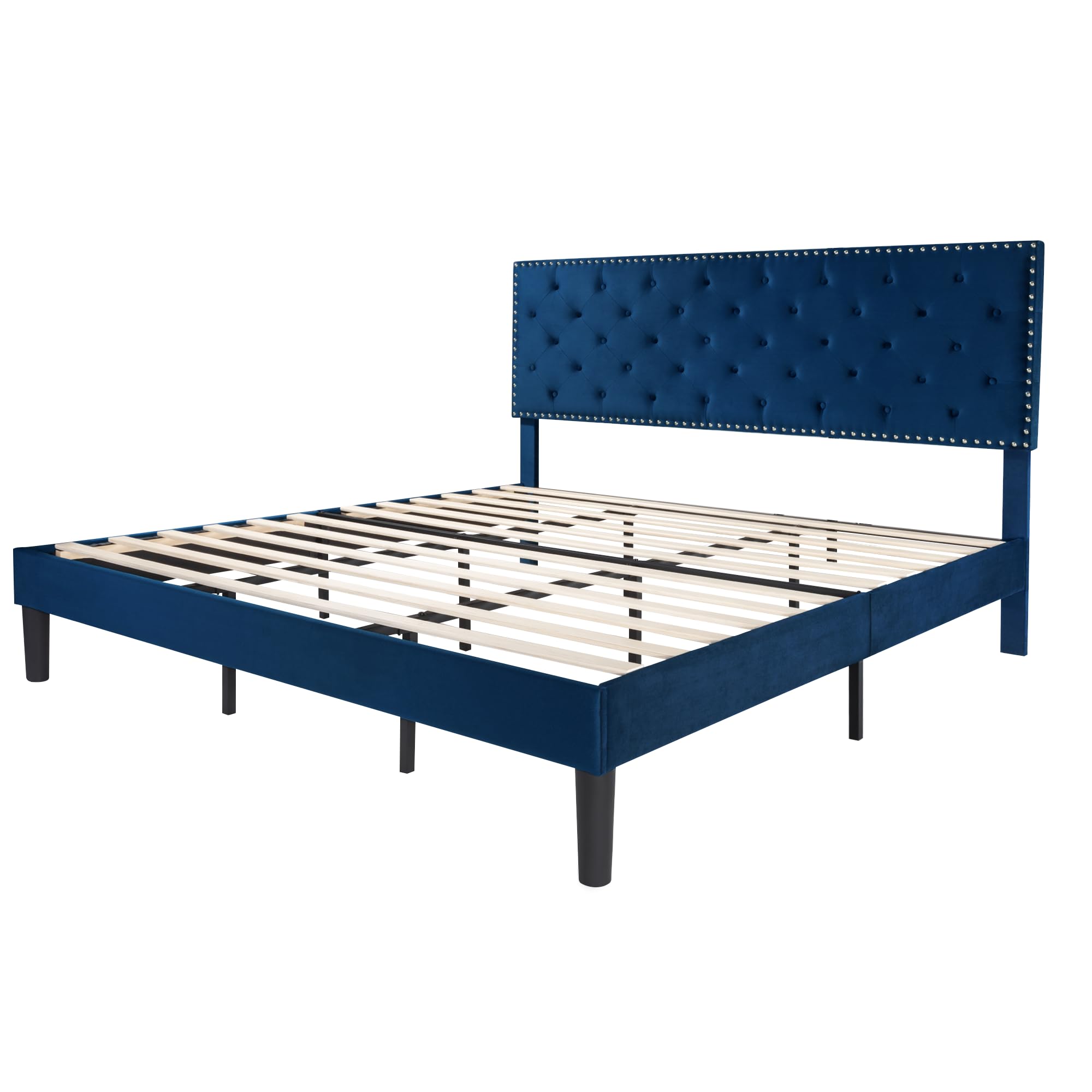 Allewie King Bed Frame, Velvet Upholstered Platform Bed with Adjustable Diamond Button Tufted & Nailhead Trim Headboard, Wood Slat Support, Easy Assembly, No Box Spring Needed, Navy Blue