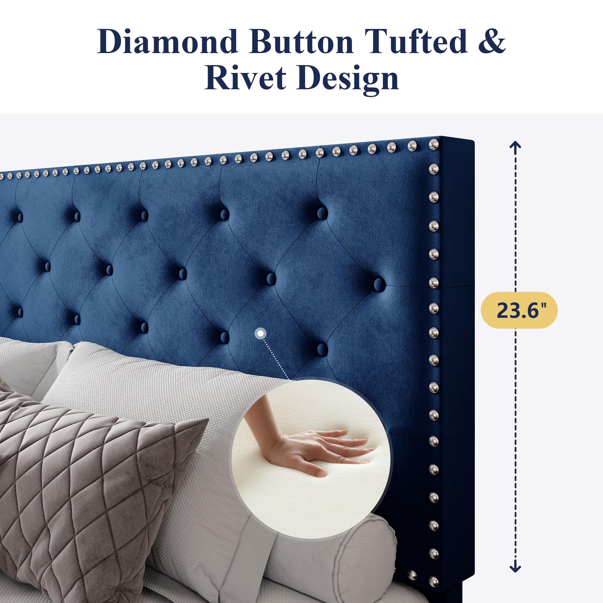 Allewie King Bed Frame, Velvet Upholstered Platform Bed with Adjustable Diamond Button Tufted & Nailhead Trim Headboard, Wood Slat Support, Easy Assembly, No Box Spring Needed, Navy Blue