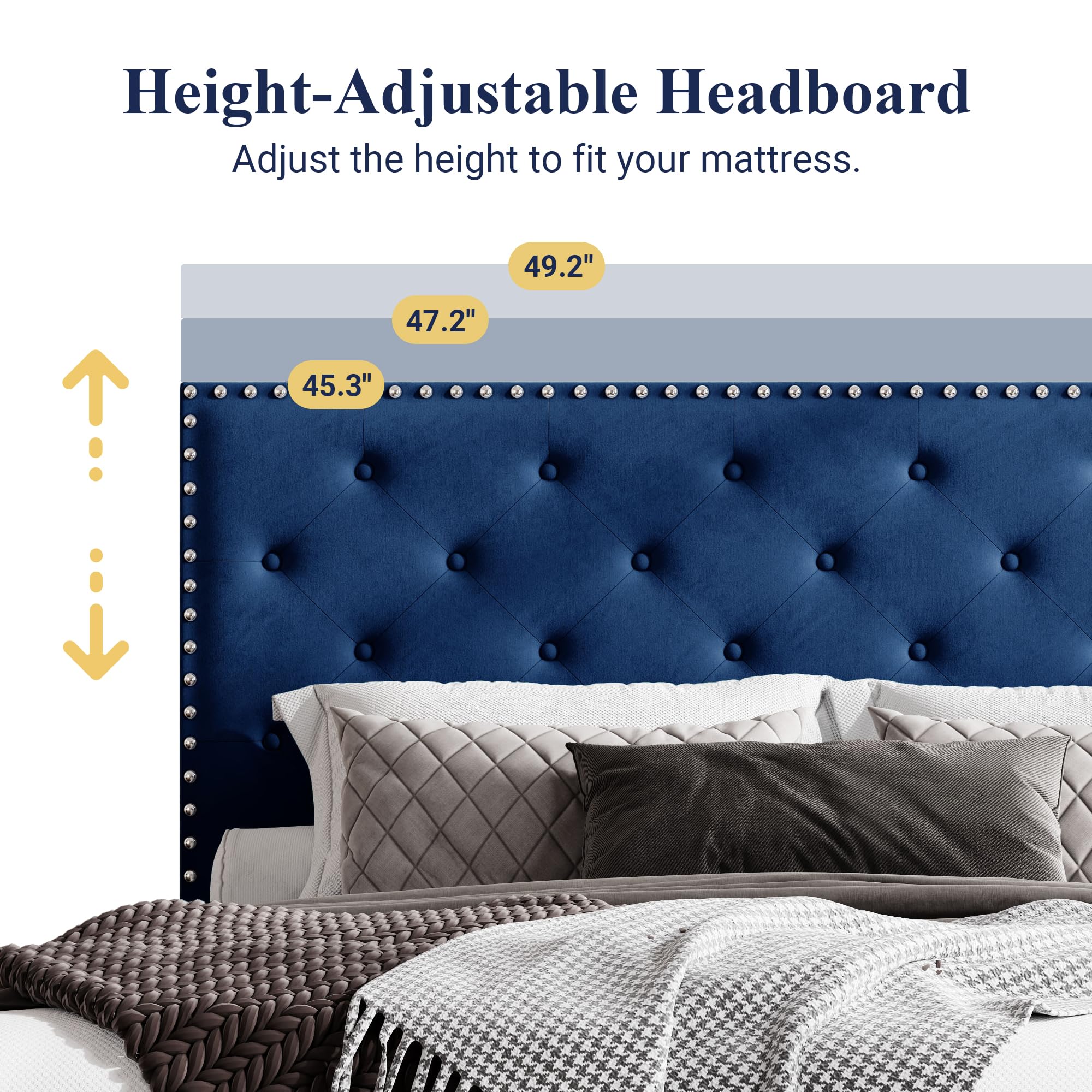 Allewie King Bed Frame, Velvet Upholstered Platform Bed with Adjustable Diamond Button Tufted & Nailhead Trim Headboard, Wood Slat Support, Easy Assembly, No Box Spring Needed, Navy Blue