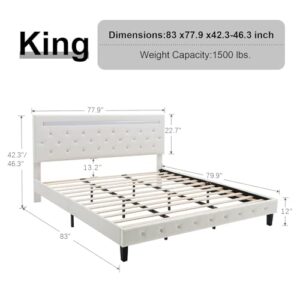 Benevika King Size Bed Frame with LED Lights, Upholstered Platform Bed Frame, Adjustable Headboard with Charging Station, Wooden Slats Support, Easy Assembly, No Box Spring Needed, White